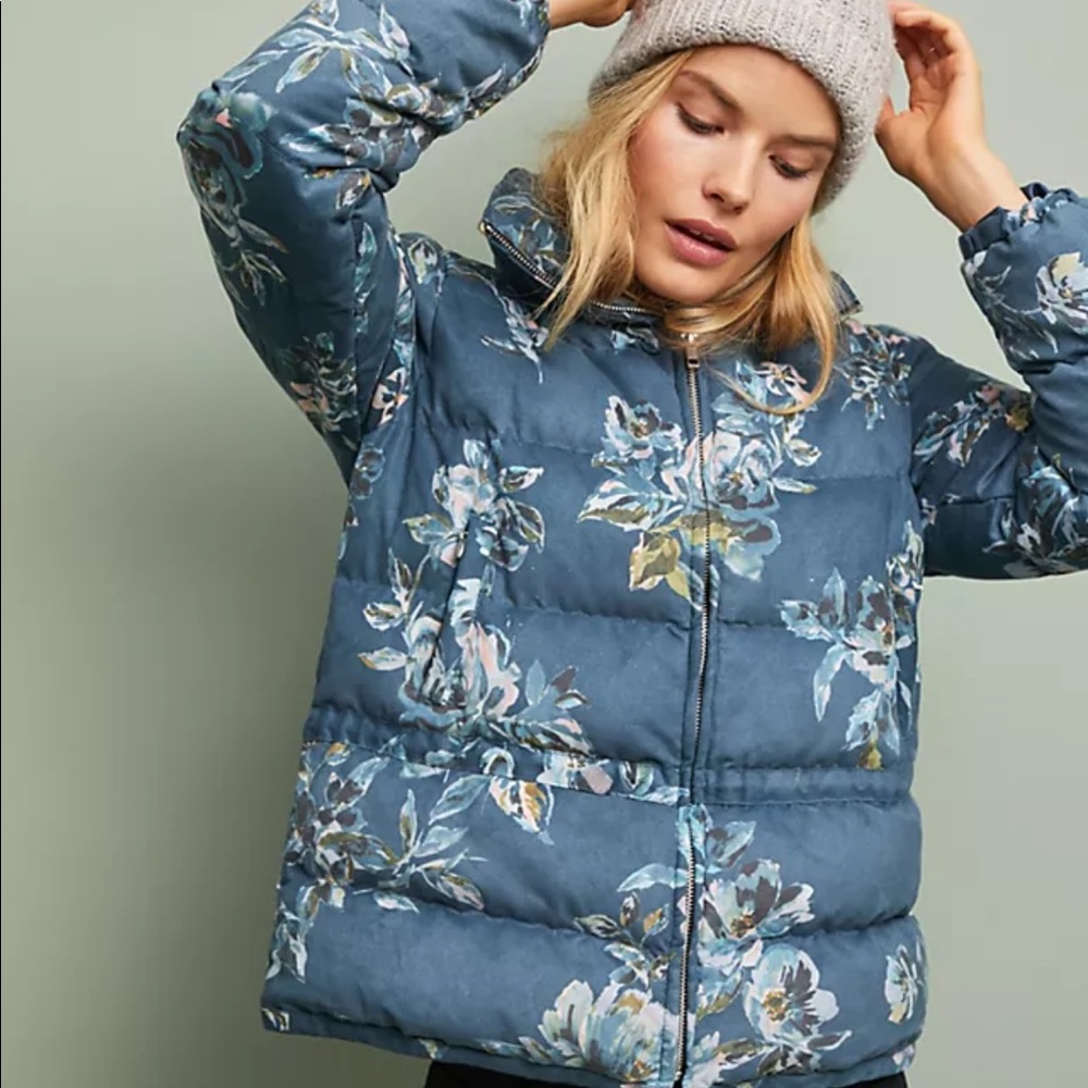 Anthropologie Blue Floral Puffer Jacket - Gem
